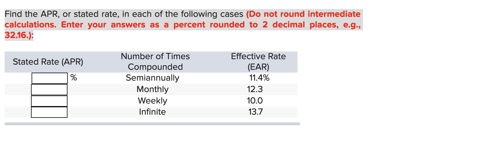 Solved Find the APR, or stated rate, in each of the | Chegg.com