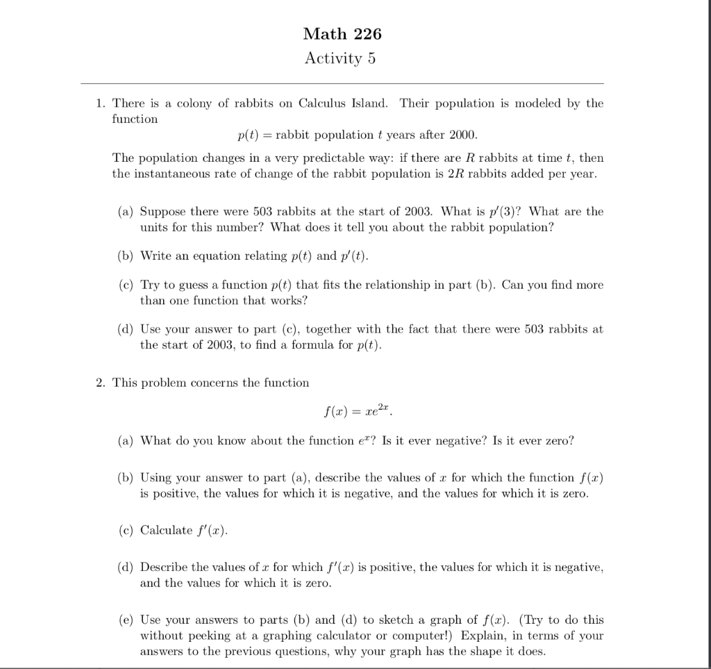 Solved Math 226 Activity 5 1. There is a colony of rabbits | Chegg.com