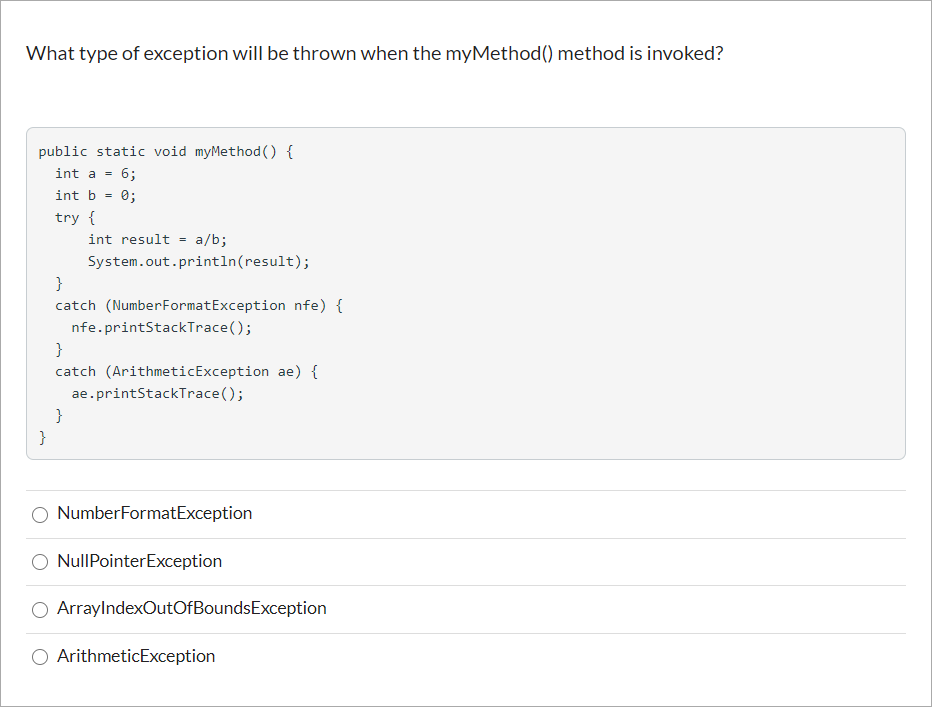 Solved What type of exception will be thrown when the | Chegg.com