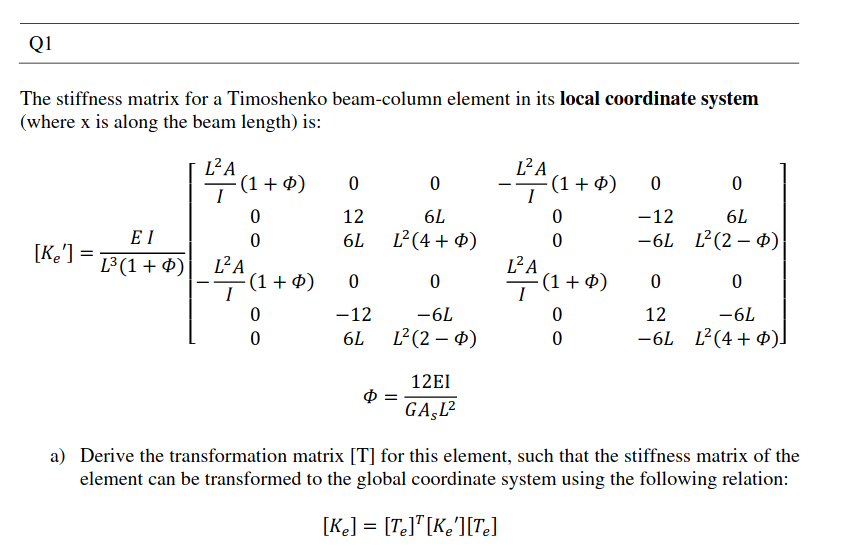 Q1 The stiffness matrix for a Timoshenko beam-column | Chegg.com