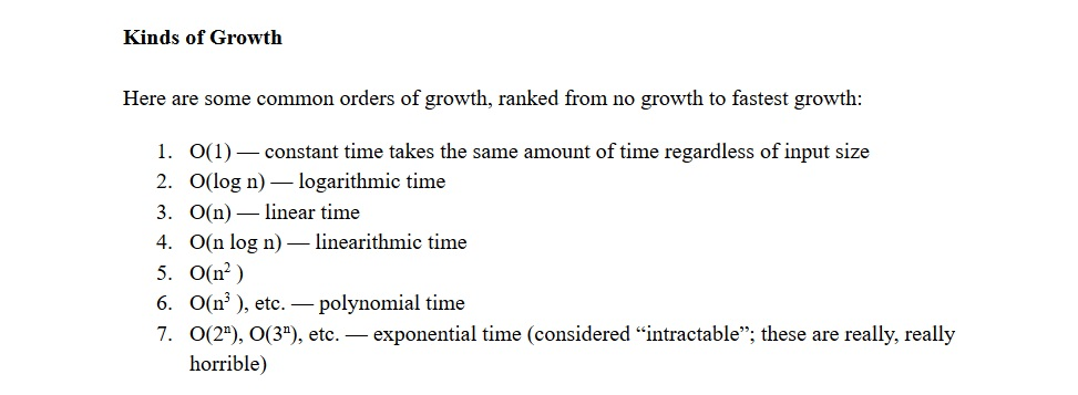 Solved Kinds of Growth Here are some common orders of | Chegg.com