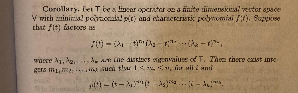 Solved Corollary. Let T be a linear operator on a | Chegg.com