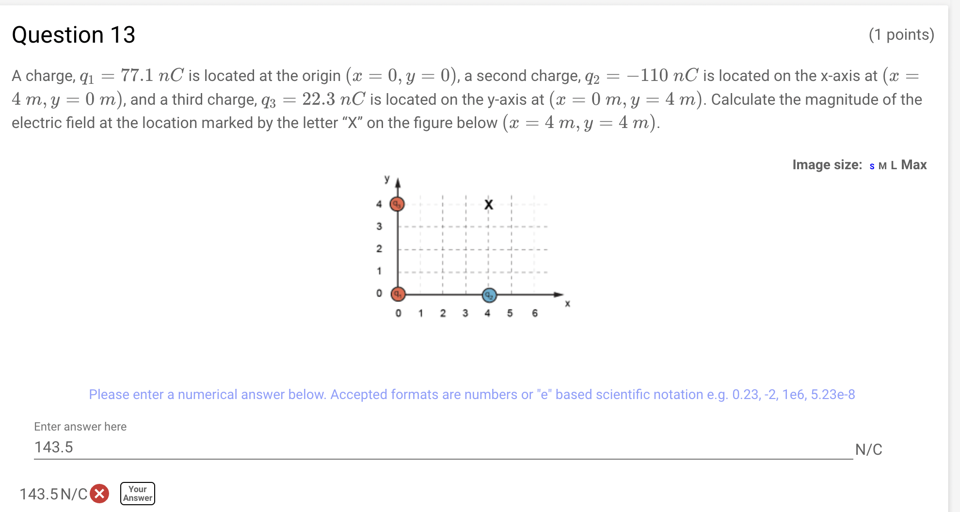 Solved Question 13A charge, q1=77.1nC is ﻿located at ﻿the | Chegg.com