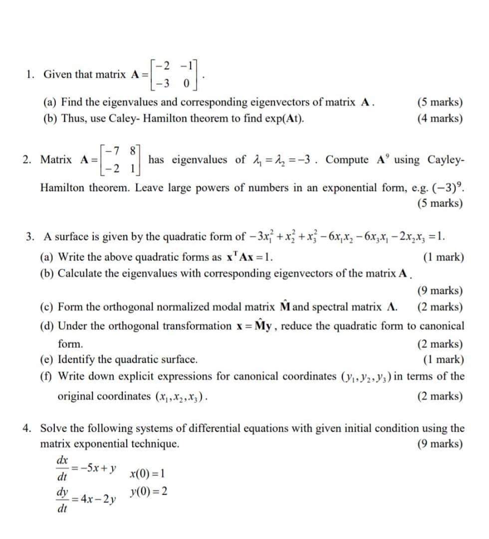 Solved -2 -1 1. Given that matrix A= 행 -3 0 (a) Find the | Chegg.com