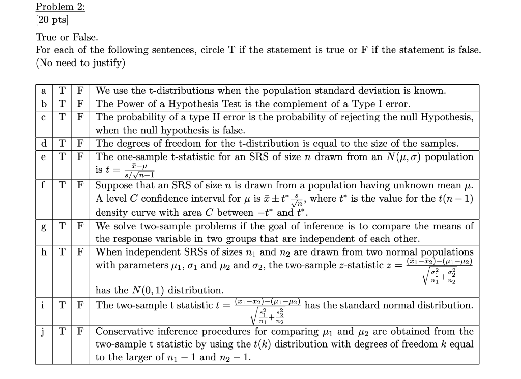 Solved Problem 2: [20 pts ] True or False. For each of the | Chegg.com
