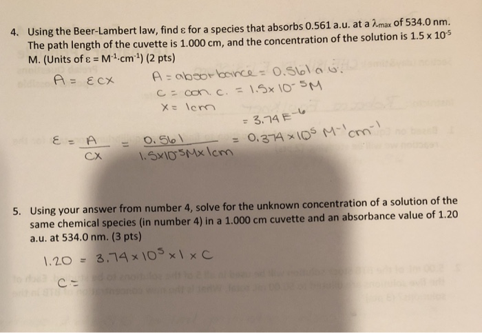 Solved 4. Using the Beer-Lambert law, find e for a species | Chegg.com