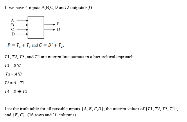 Solved If we have 4 inputs A,B,C,D and 2 outputs F,G F=T3+T4 | Chegg.com
