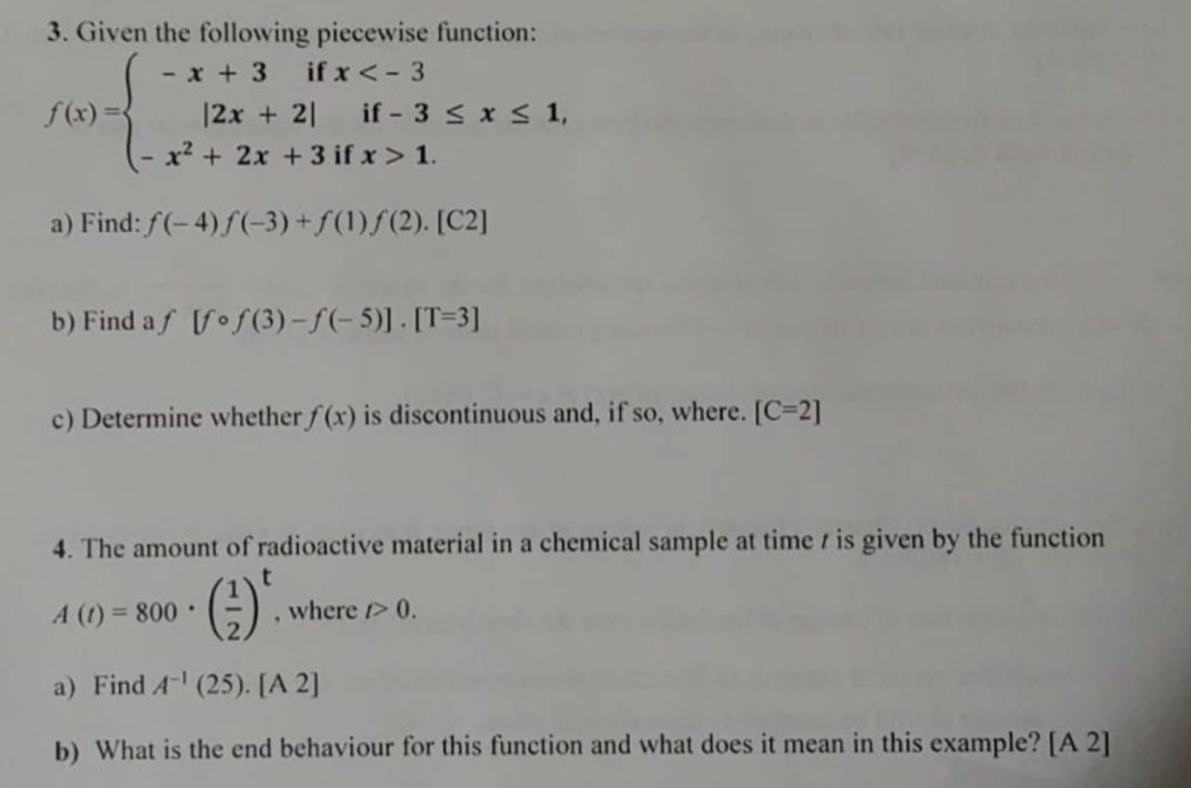 Solved 3. Given the following piecewise function: - X + 3 if | Chegg.com