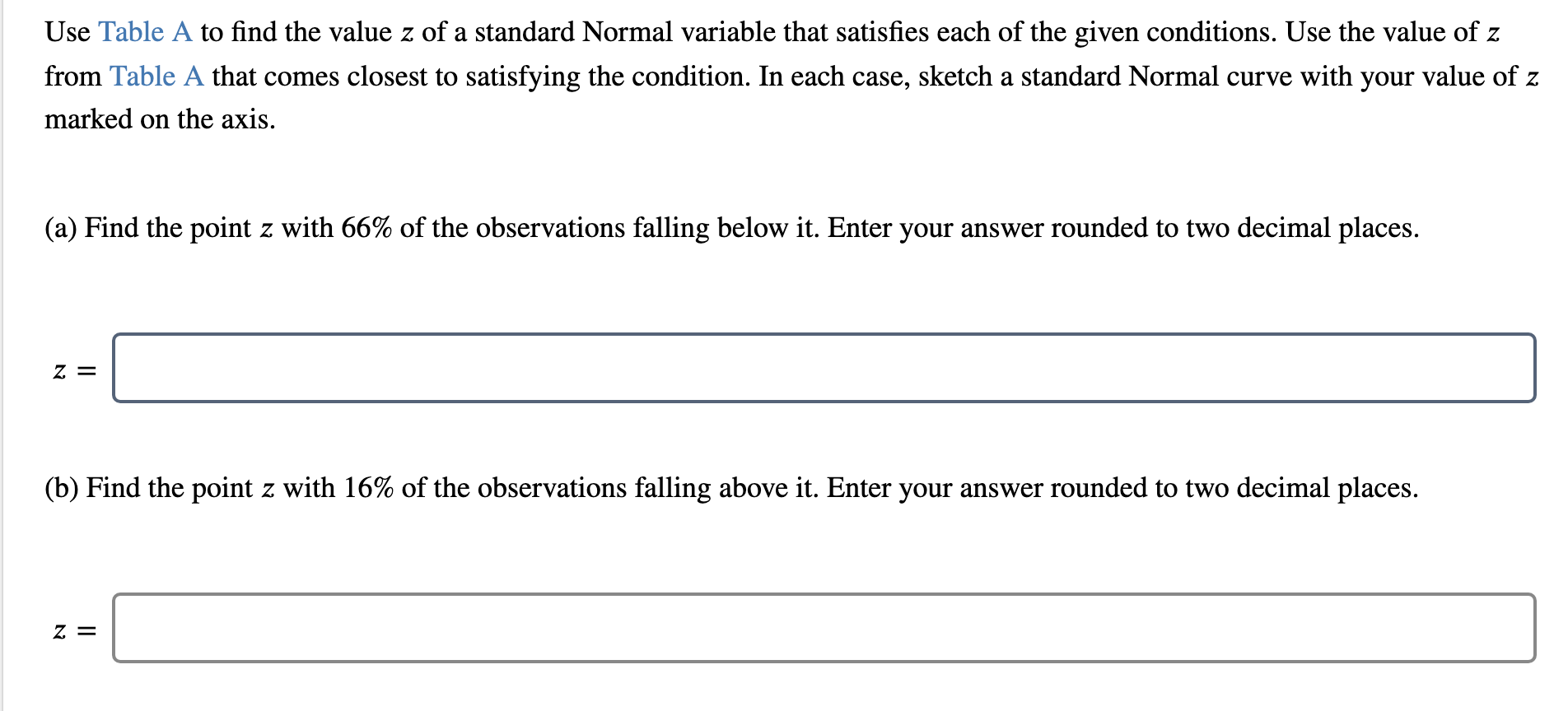 Solved Use Table A to find the value z of a standard Normal | Chegg.com