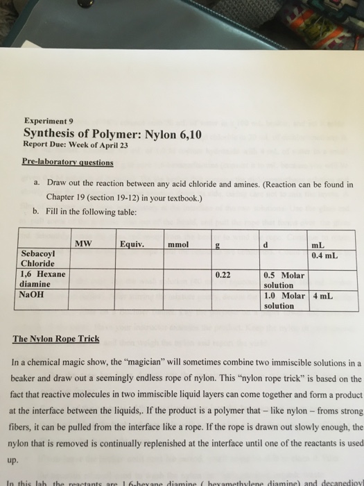 Solved Experiment 9 Synthesis of Polymer: Nylon 6,10 Report | Chegg.com