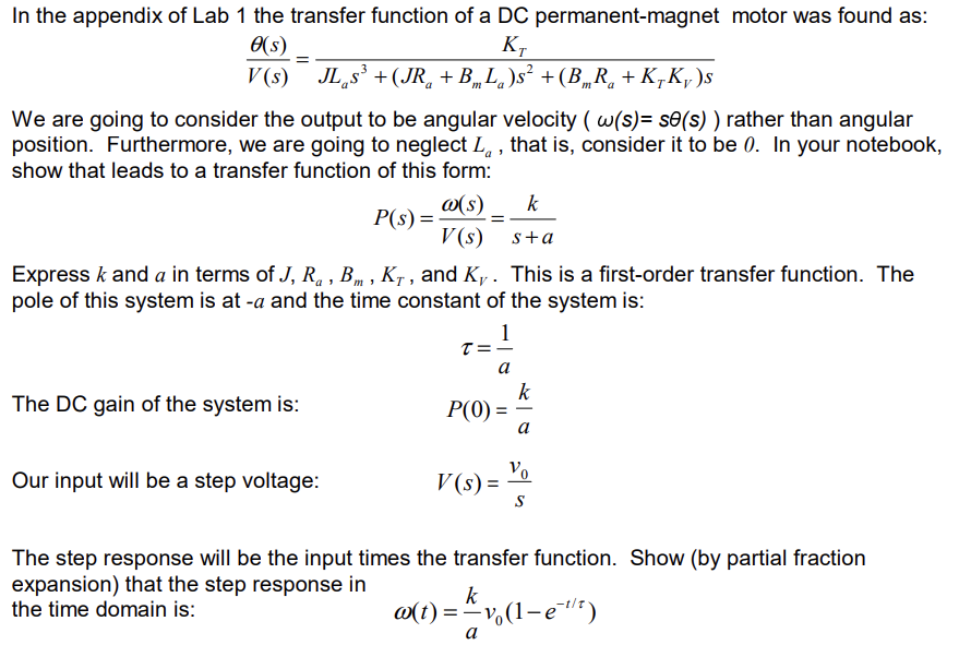 Solved In the appendix of Lab 1 ﻿the transfer function of a | Chegg.com