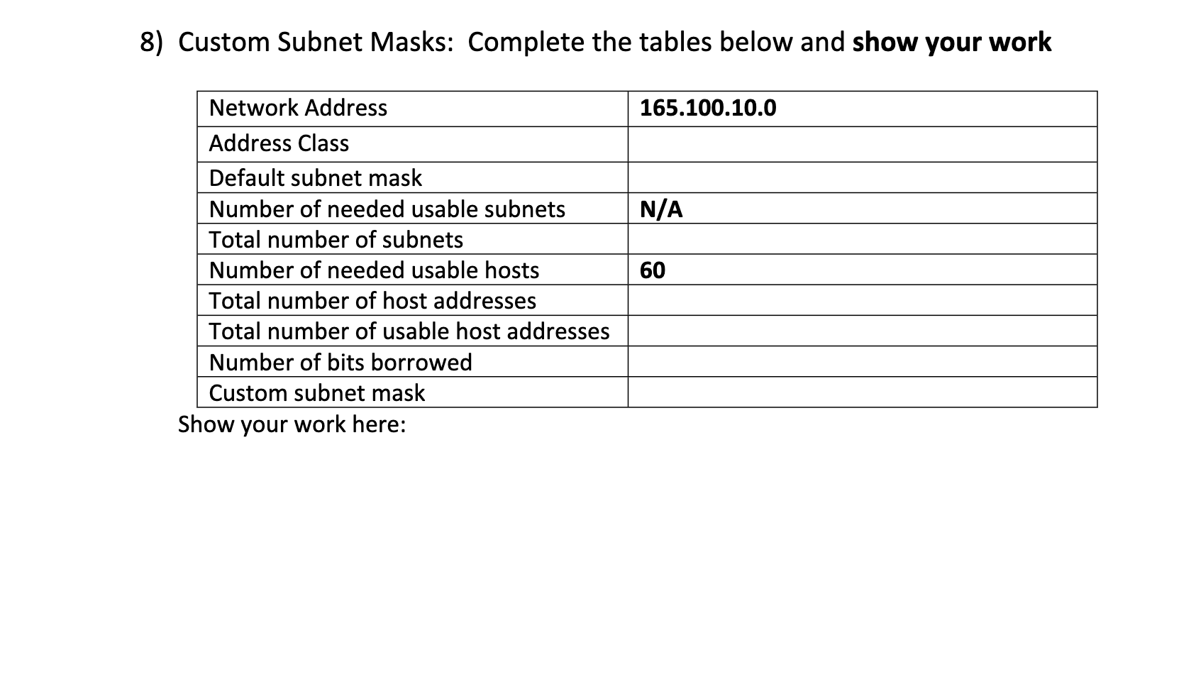 Solved 8) Custom Subnet Masks: Complete the tables below and | Chegg.com