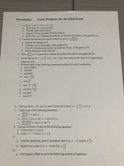 Precalculus Guide Problems for the Final Exam I. Let | Chegg.com