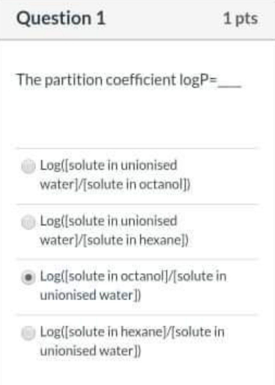 Solved Question 1 1 pts The partition coefficient logP= | Chegg.com
