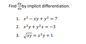 Solved Find by implicit differentiation. dx 1. x3 – xy + y2 | Chegg.com