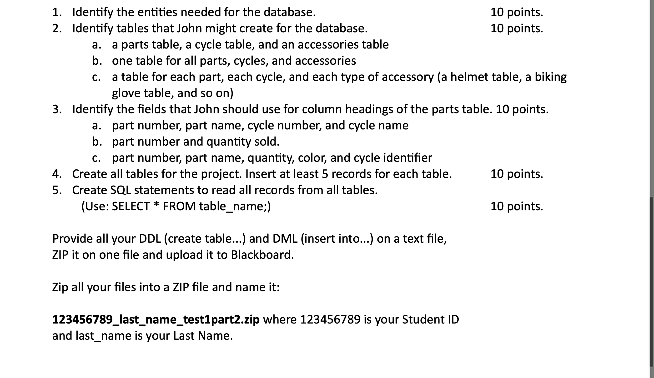 Solved 1. Identify the entities needed for the database. 10 | Chegg.com