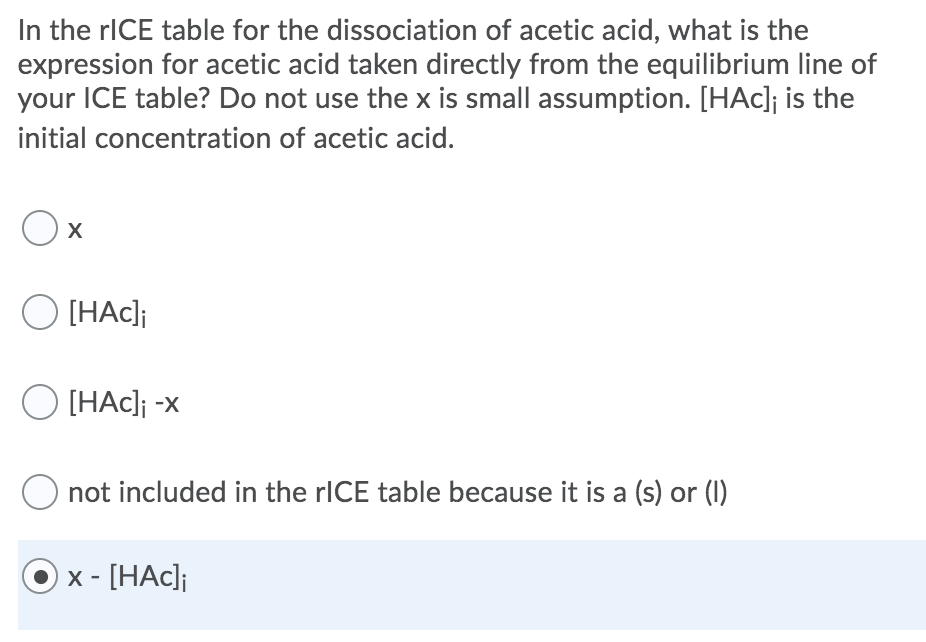 Solved In the rice table for the dissociation of acetic | Chegg.com