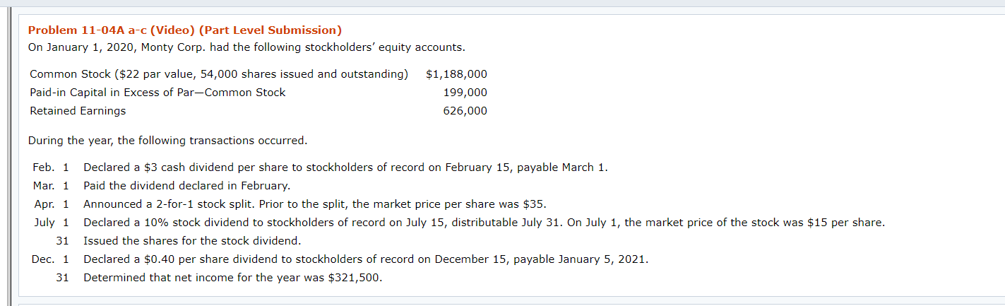 Solved Problem 11-04A a-c (Video) (Part Level Submission) On | Chegg.com
