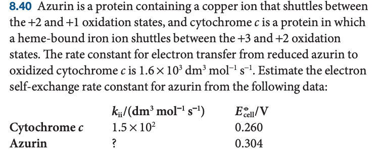 8.40 Azurin is a protein containing a copper ion that | Chegg.com