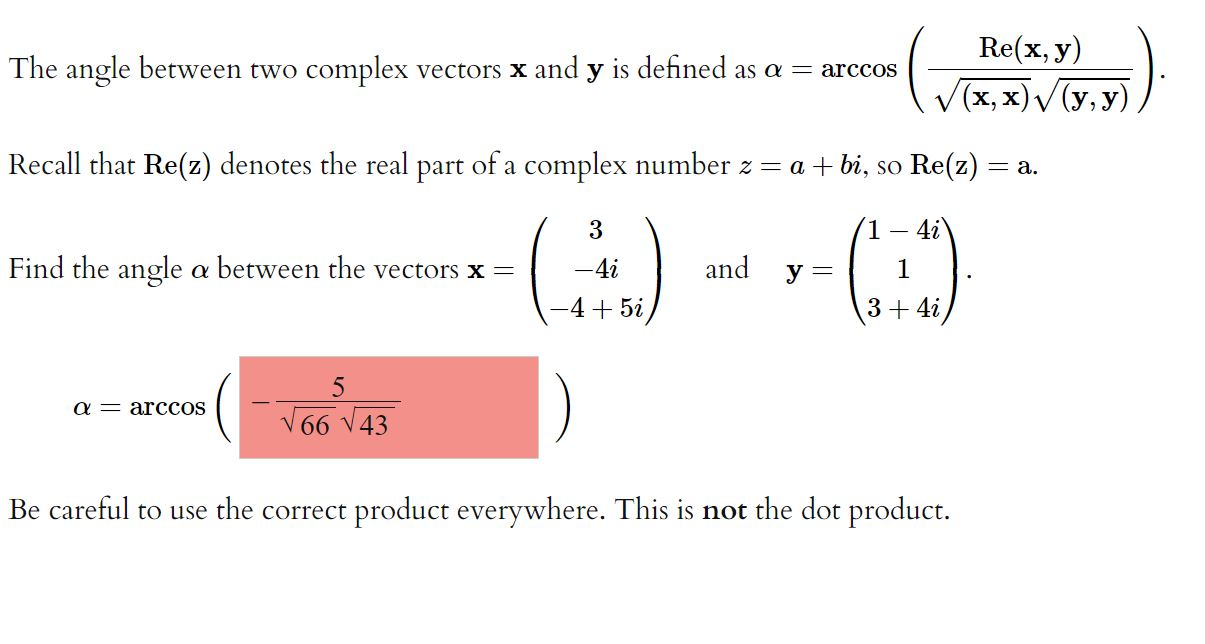 Solved The angle between two complex vectors x and y is | Chegg.com