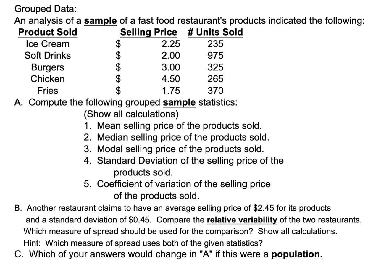 Solved Grouped Data: An analysis of a sample of a fast food | Chegg.com