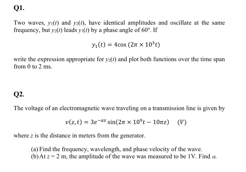 Solved Two waves, y1(t) and y2(t), have identical amplitudes | Chegg.com
