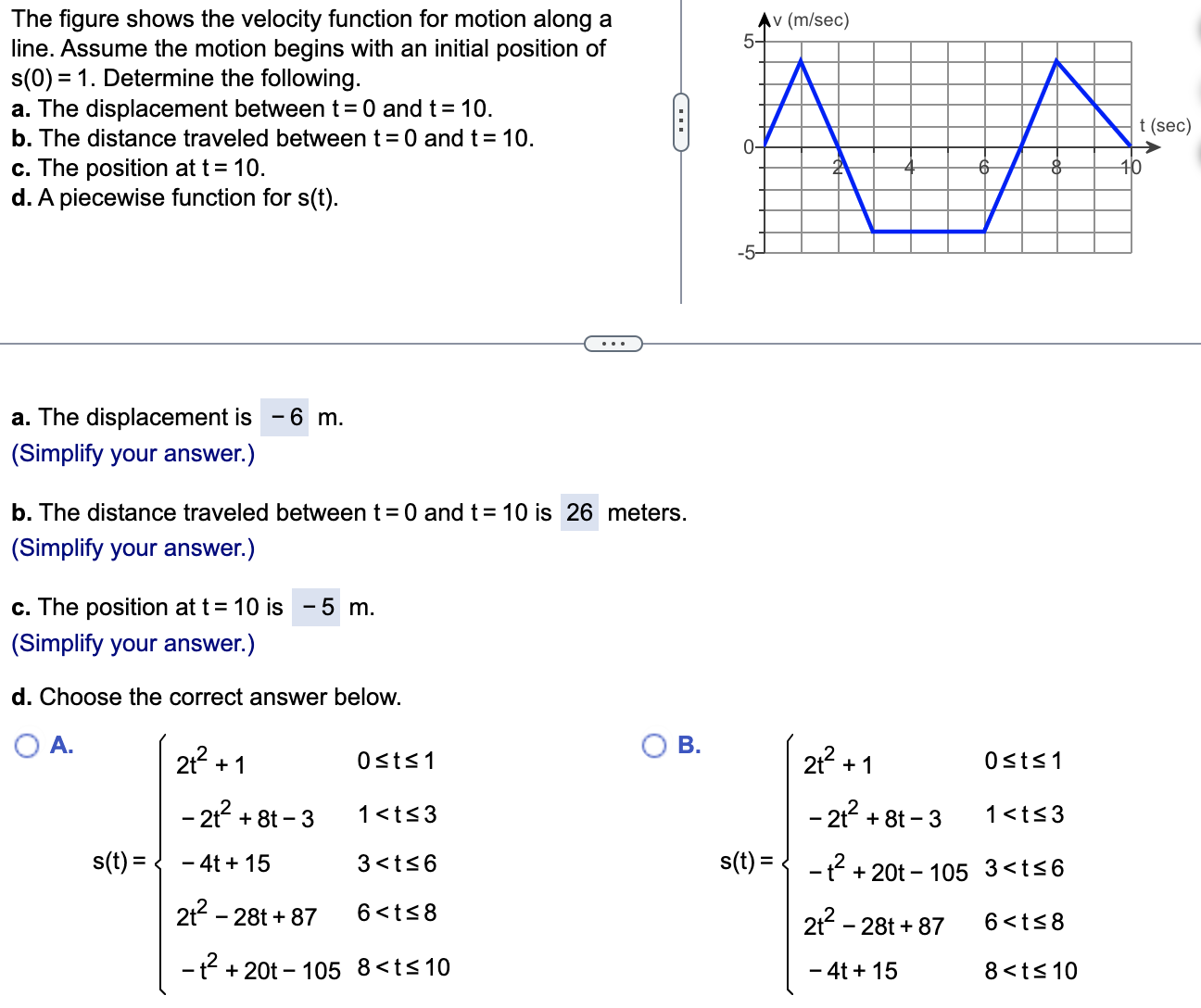 Solved The figure shows the velocity function for motion | Chegg.com