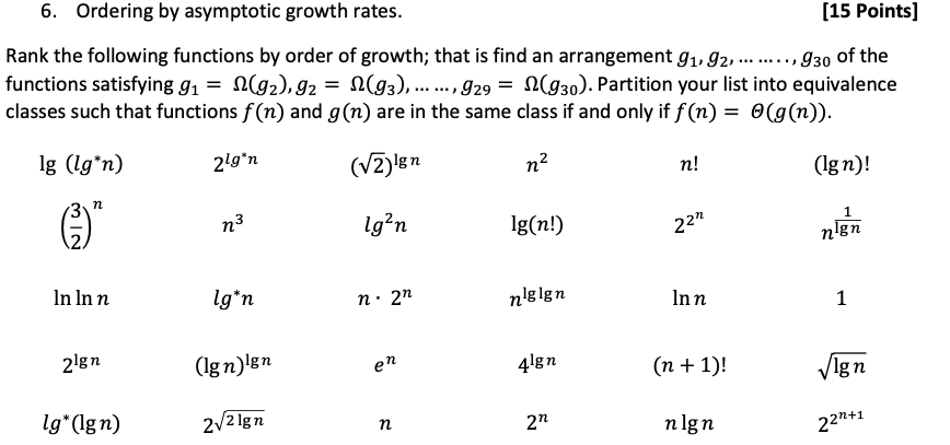 Solved 6. Ordering by asymptotic growth rates. [15 Points] | Chegg.com