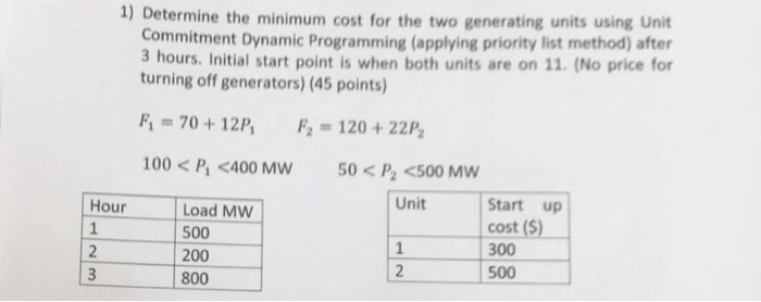 Solved ) Determine the minimum cost for the two generating | Chegg.com