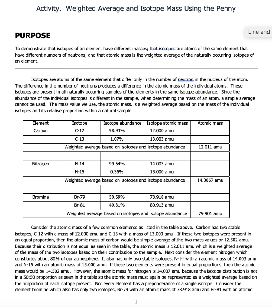Activity. Weighted Average and Isotope Mass Using the | Chegg.com