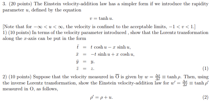 Solved 3. (20 points) The Einstein velocity-addition law has | Chegg.com