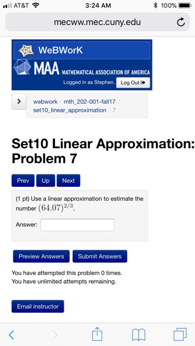 Solved "il AT&T令 3:24 AM * 100% mecww.mec.cuny.edu WeBWorK | Chegg.com