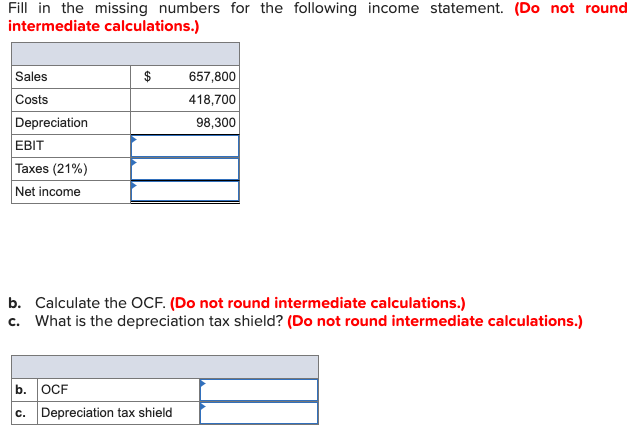 Solved Fill in the missing numbers for the following income | Chegg.com