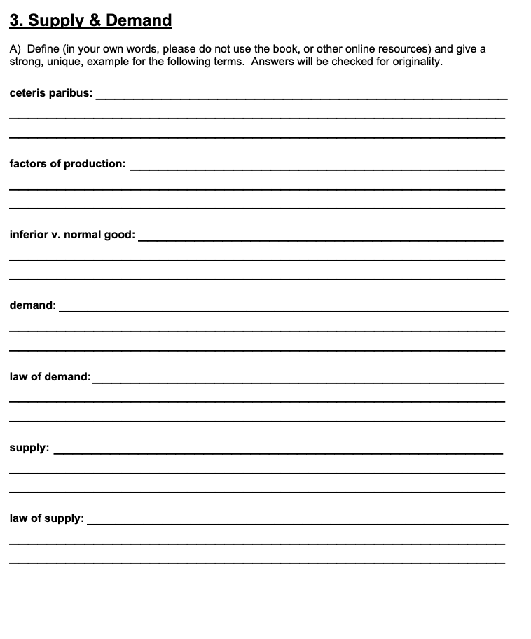 Solved 3. Supply & Demand A) Define (in your own words, | Chegg.com