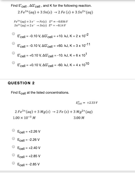 Solved Find Ecell, AG cell, and K for the following | Chegg.com