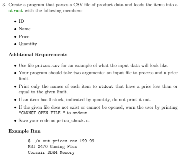 3. Create a program that parses a CSV file of product | Chegg.com