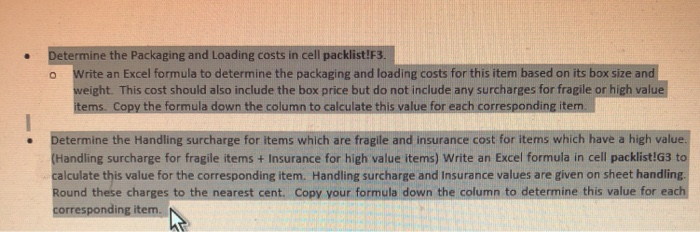 Determine the Packaging and Loading costs in cell | Chegg.com