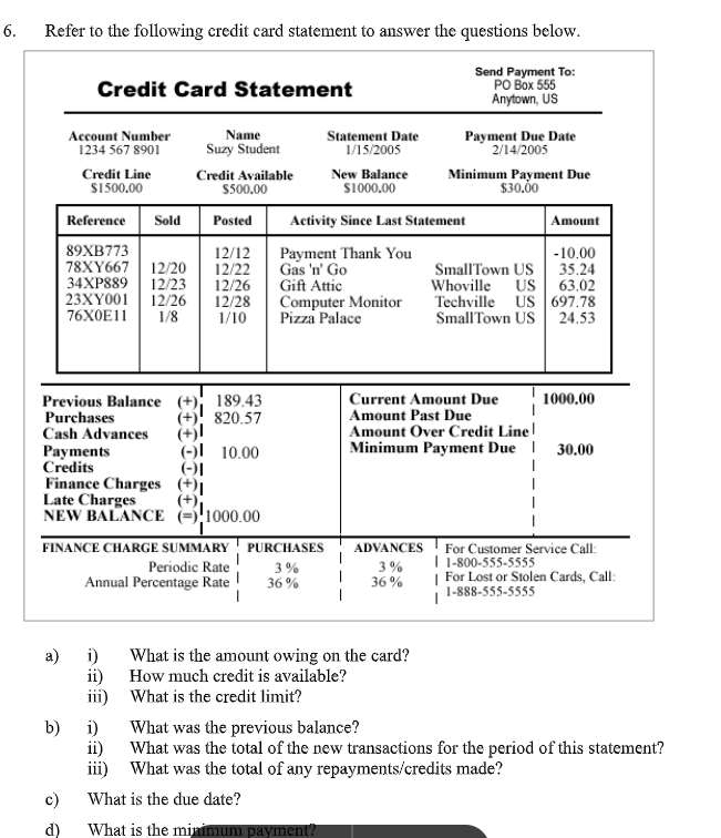 Solved 6. ﻿Refer to the following credit card statement to | Chegg.com
