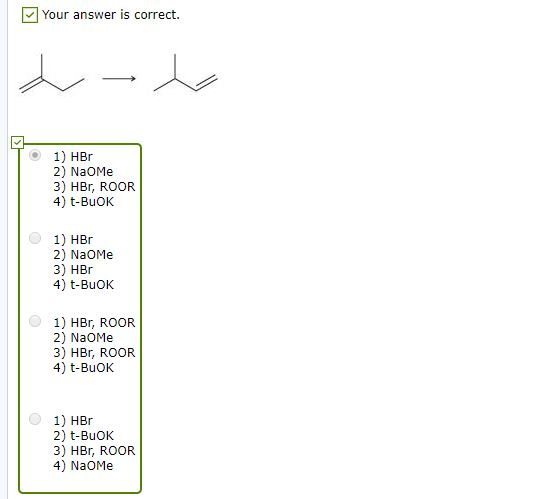 Solved Your answer is correct. 1) HBr 2) NaOMe 3) HBr, ROOR | Chegg.com