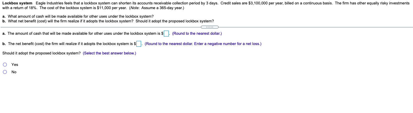 Solved Lockbox system Eagle Industries feels that a lockbox | Chegg.com