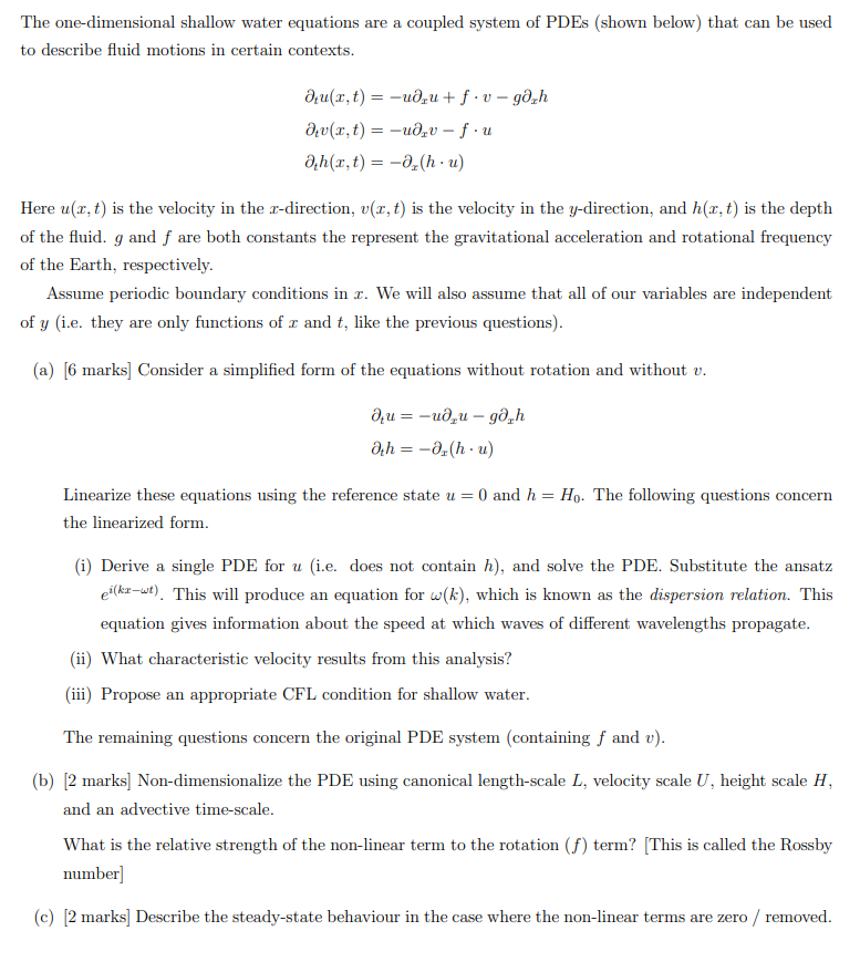 The one-dimensional shallow water equations are a | Chegg.com