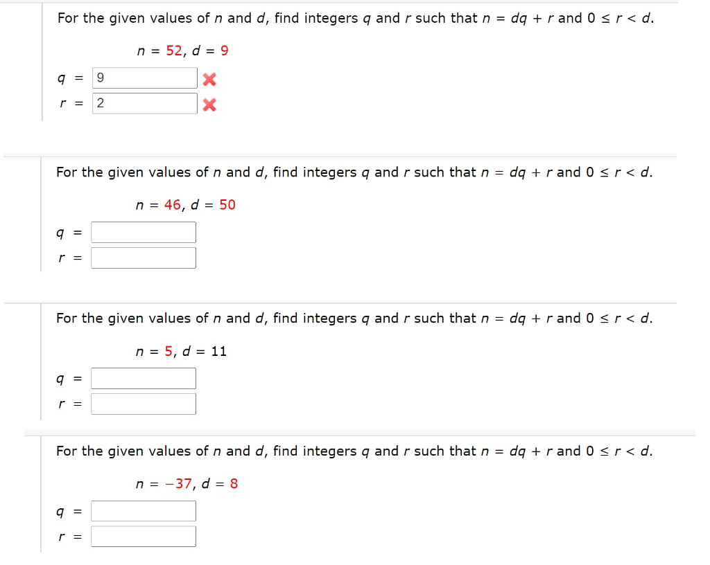 Solved For the given values of n and d, find integers q and | Chegg.com