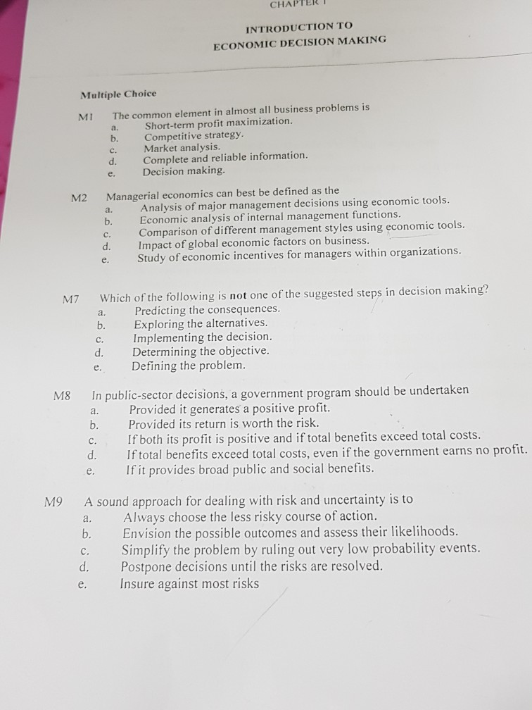 Solved CHAPTER INTRODUCTION TO ECONOMIC DECISION MAKING | Chegg.com
