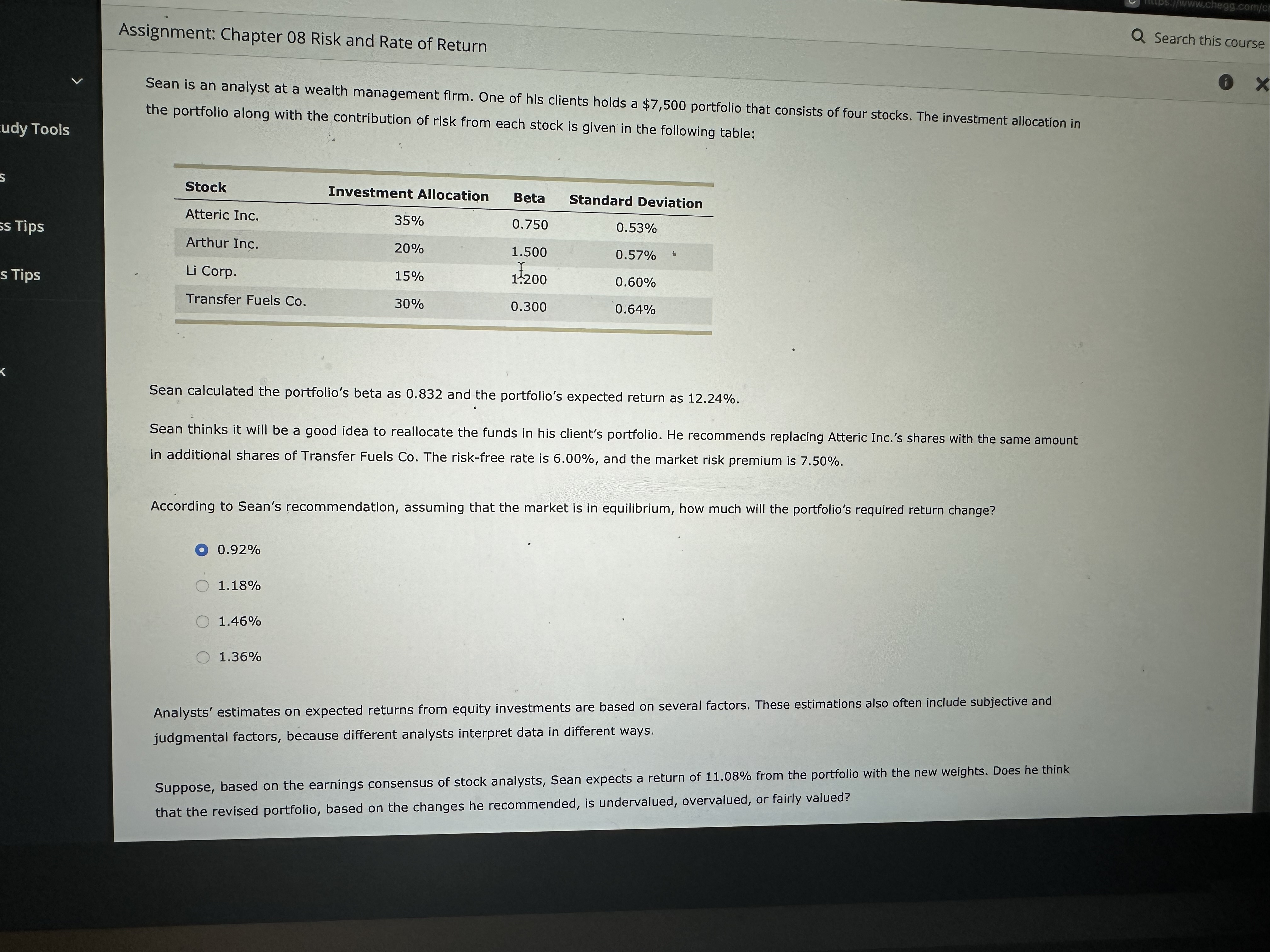 Solved Assignment: Chapter 08 ﻿Risk and Rate of ReturnSean | Chegg.com
