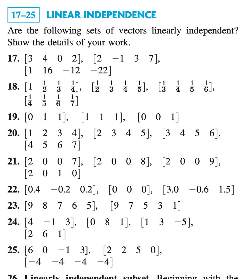 Solved LINEAR INDEPENDENCE Are the following sets of vectors | Chegg.com