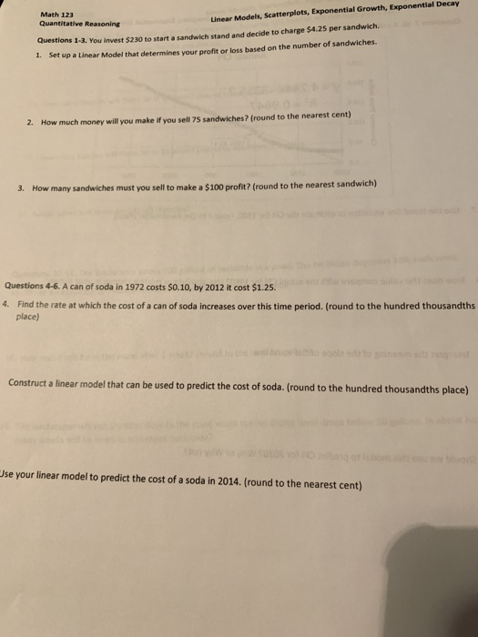 Solved Math 123 Unear Models, Scatterplots, Exponential | Chegg.com