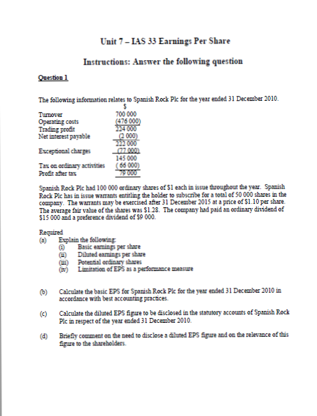 Solved Unit 7 - IAS 33 Earnings Per Share Instructions: | Chegg.com