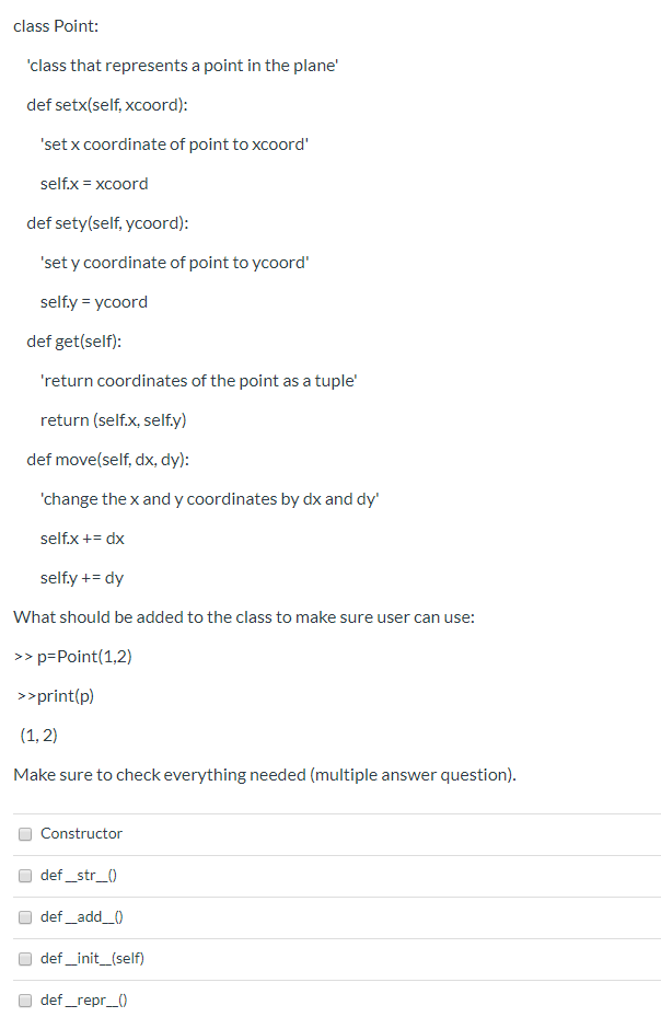 Solved class Point: 'class that represents a point in the | Chegg.com