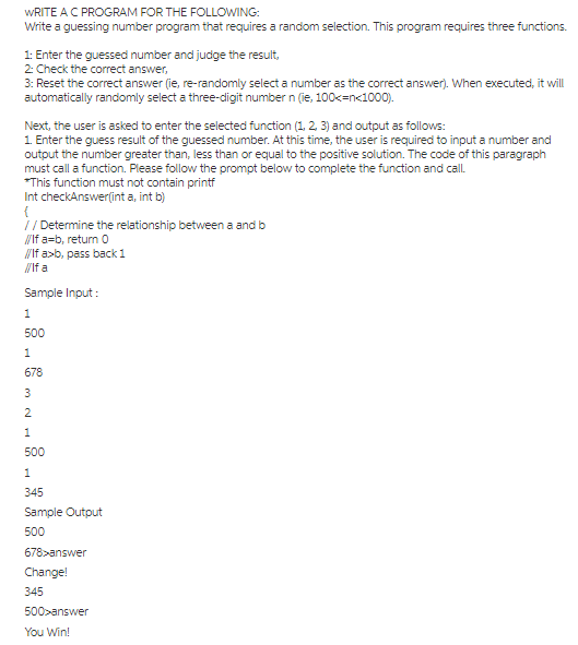 Solved WRITE A C PROGRAM FOR THE FOLLOWING: Write a guessing | Chegg.com