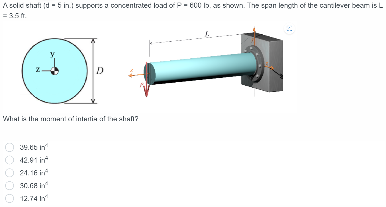 Solved A solid shaft ( d=5 in.) supports a concentrated load | Chegg.com